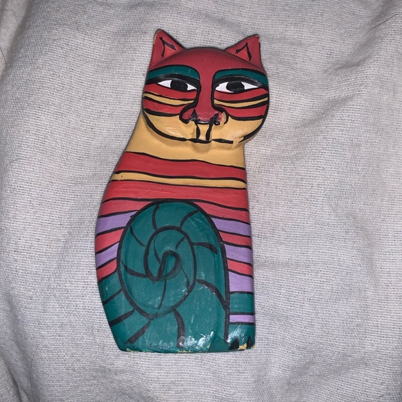 Art | Vintage Laurel Burch Style Hand Painted Carved Wood Cat Sculpture ...